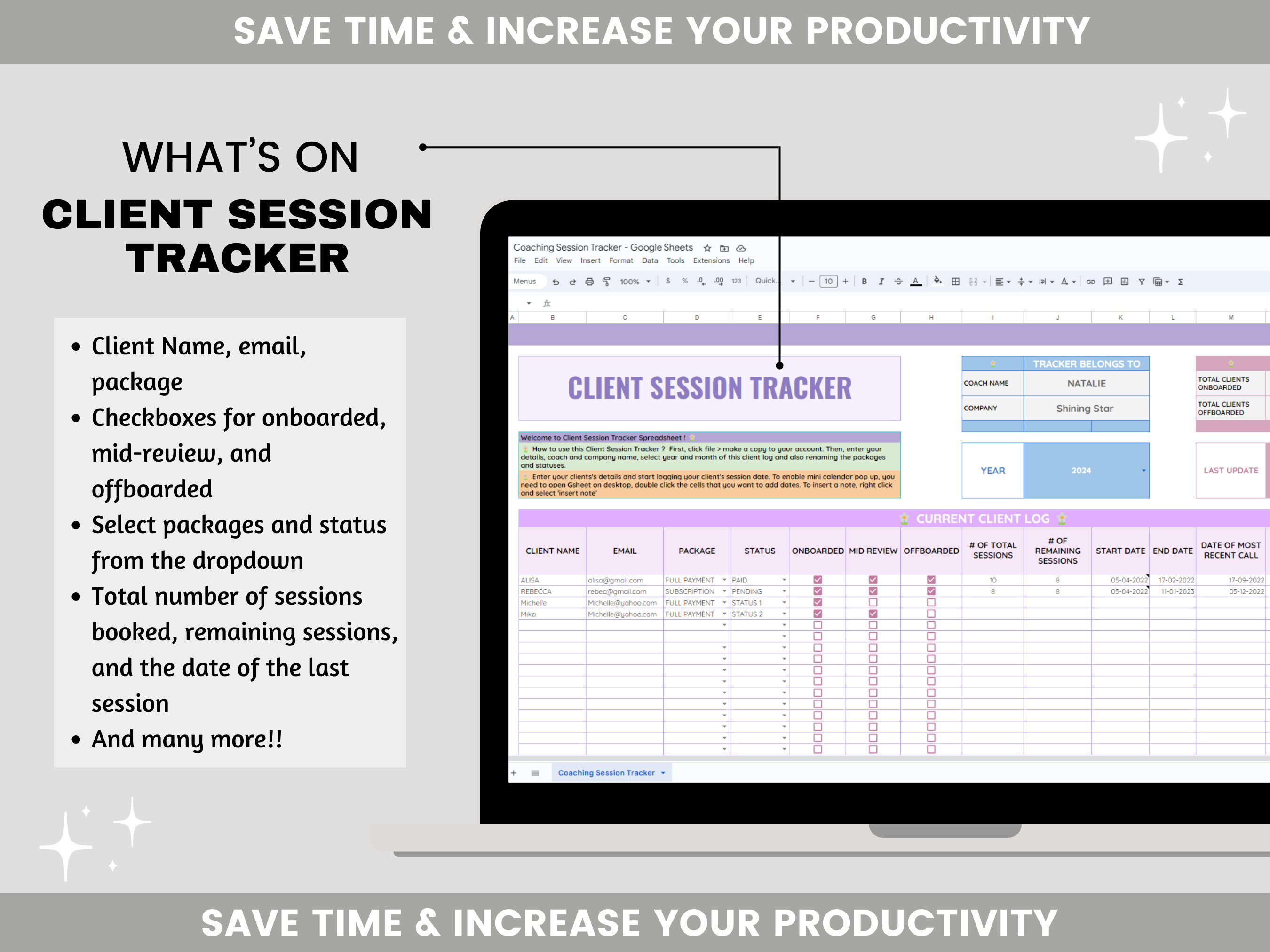 Client Session Tracker Spreadsheet for Coaches, Client Management ...