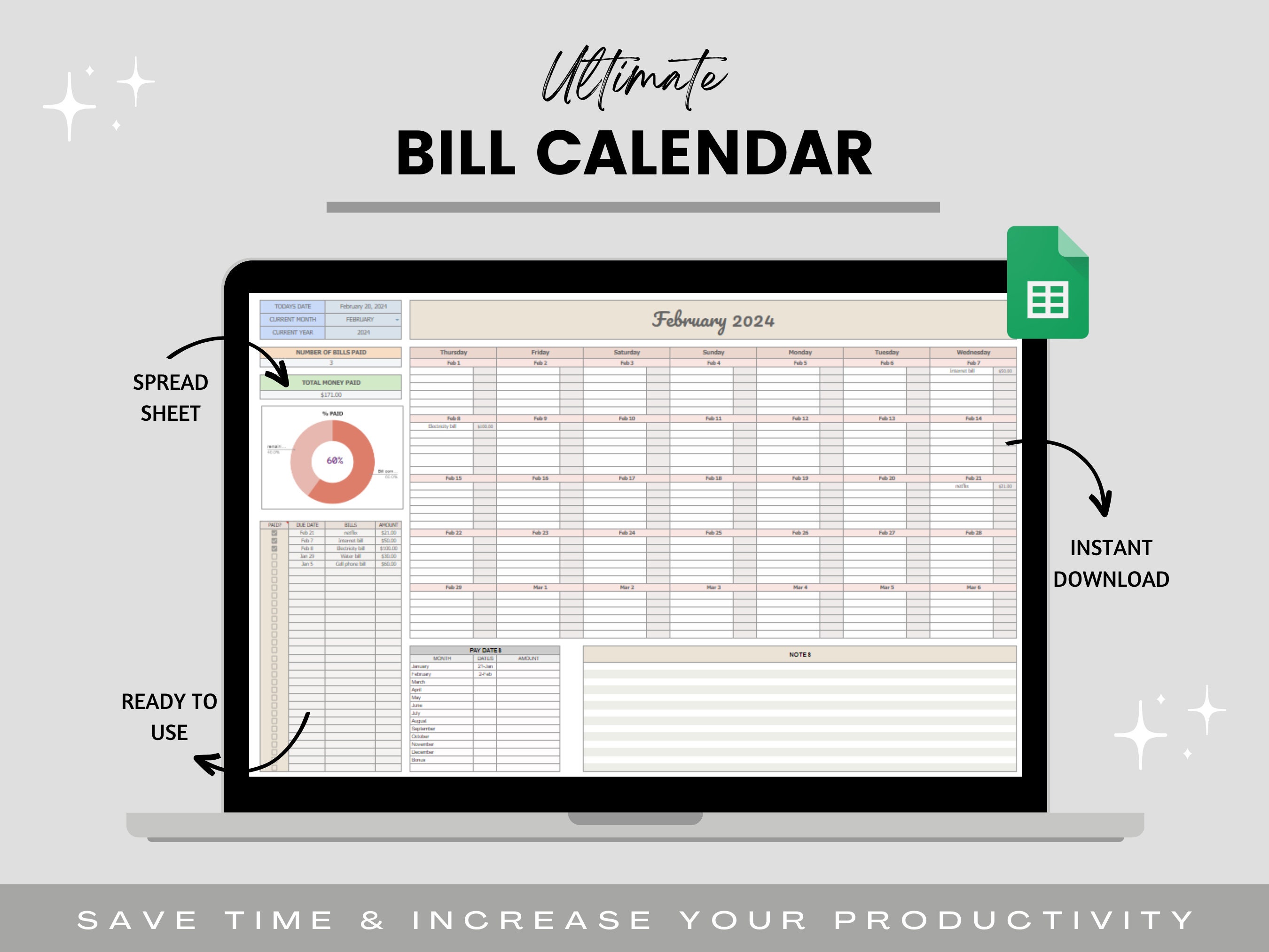 Bill Tracker Spreadsheet, Google Sheets Bill Calendar, Monthly Bill ...