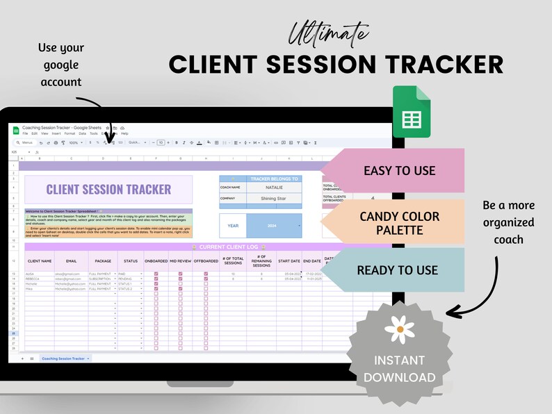 Client Session Tracker Spreadsheet for Coaches, Client Management ...