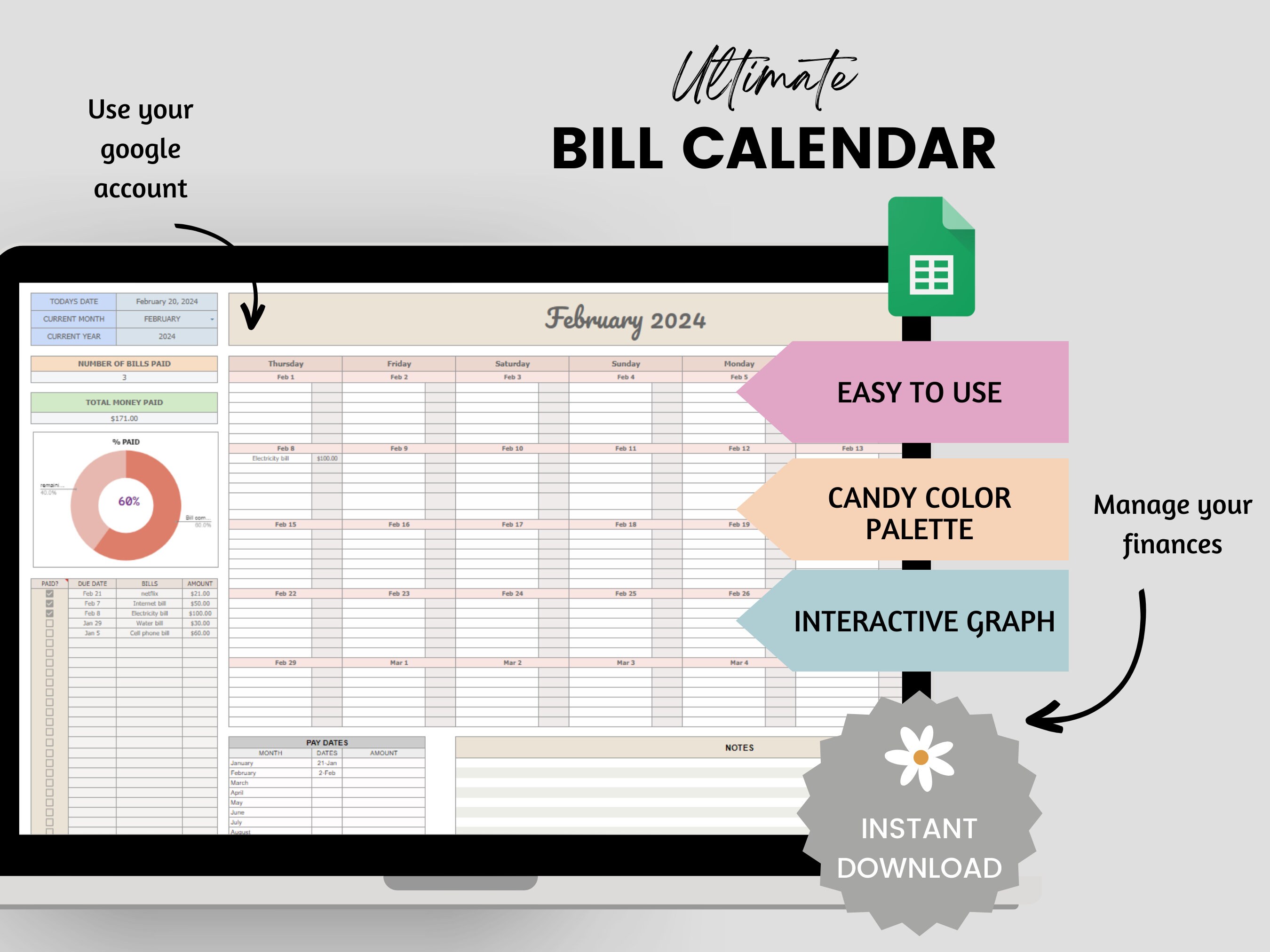 Bill Tracker Spreadsheet, Google Sheets Bill Calendar, Monthly Bill ...