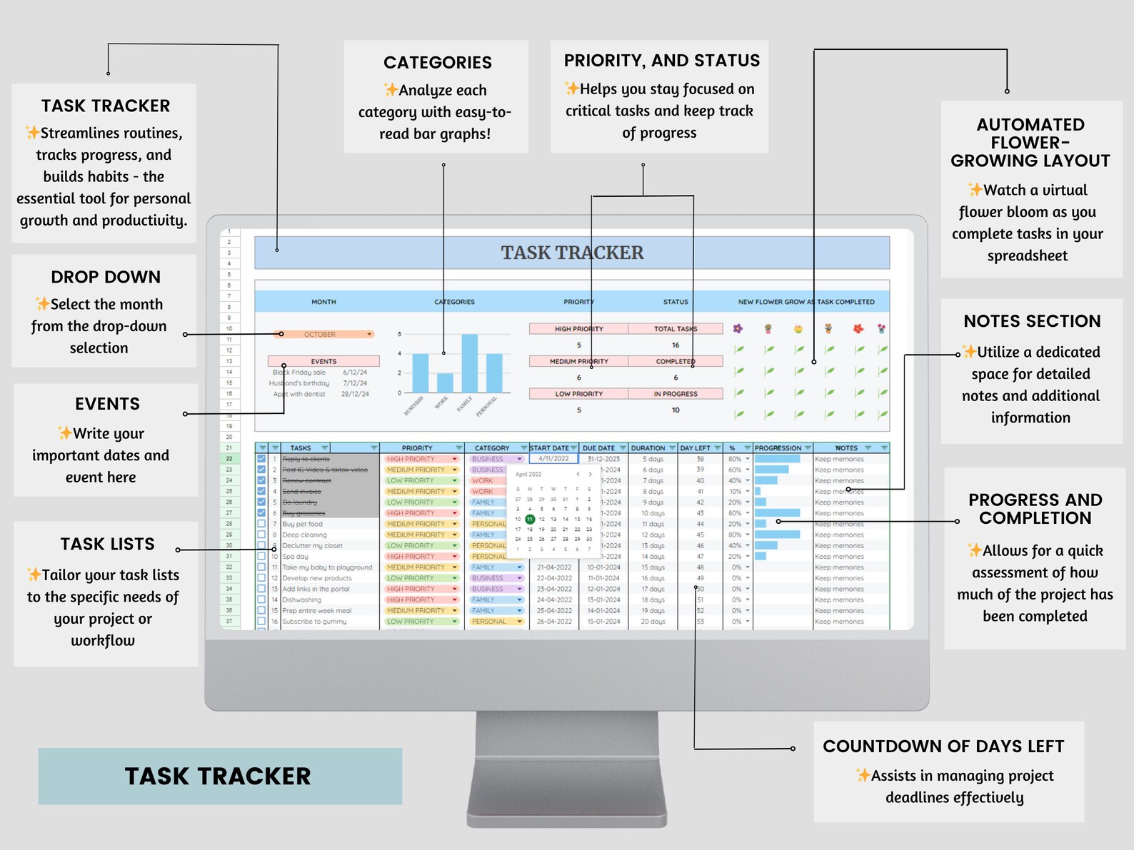 Task Tracker Spreadsheet, to Do List Spreadsheet, Productivity Planner ...
