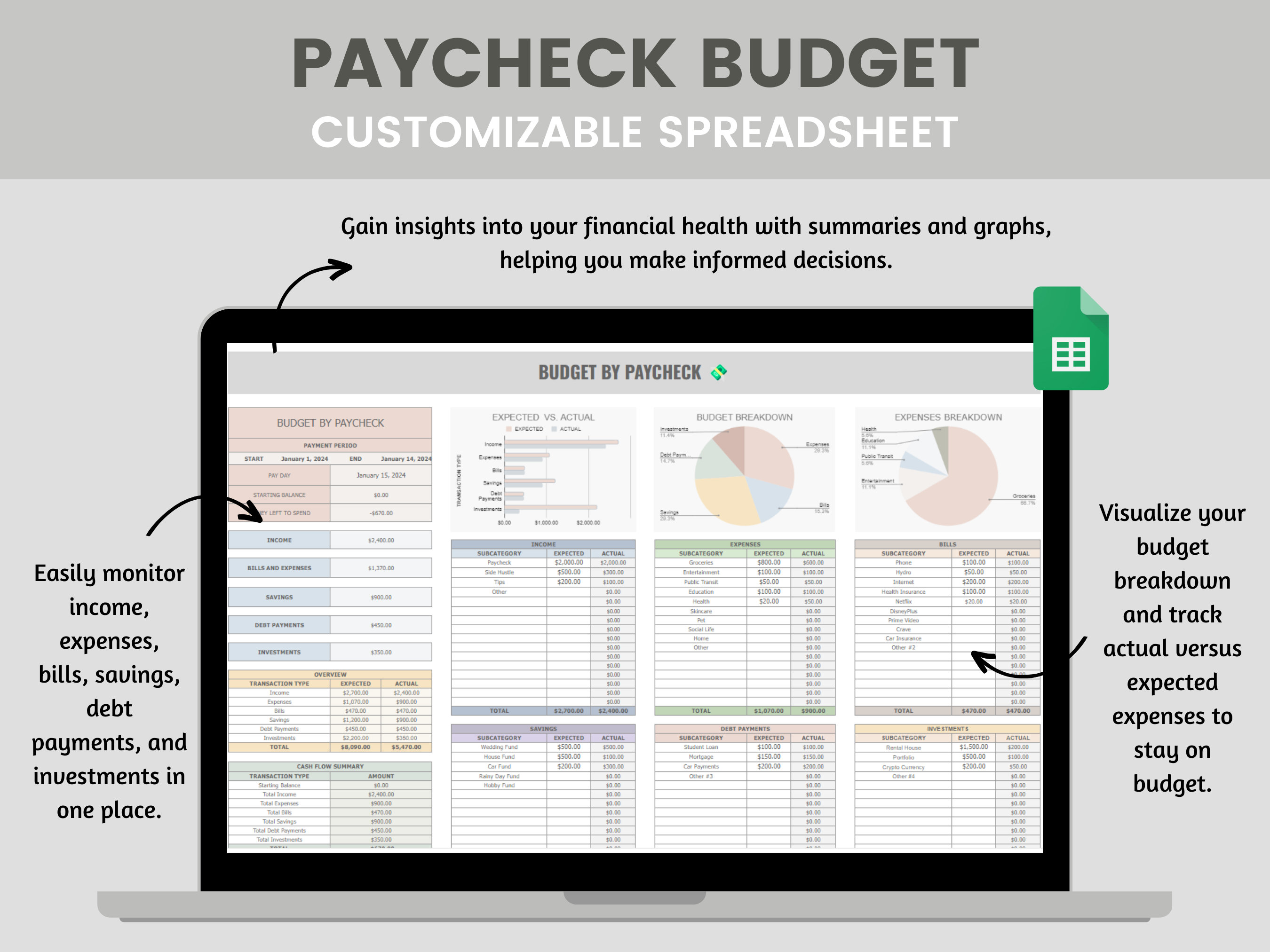 Paycheck Budget Spreadsheet for Google Sheets, Budget by Paycheck ...