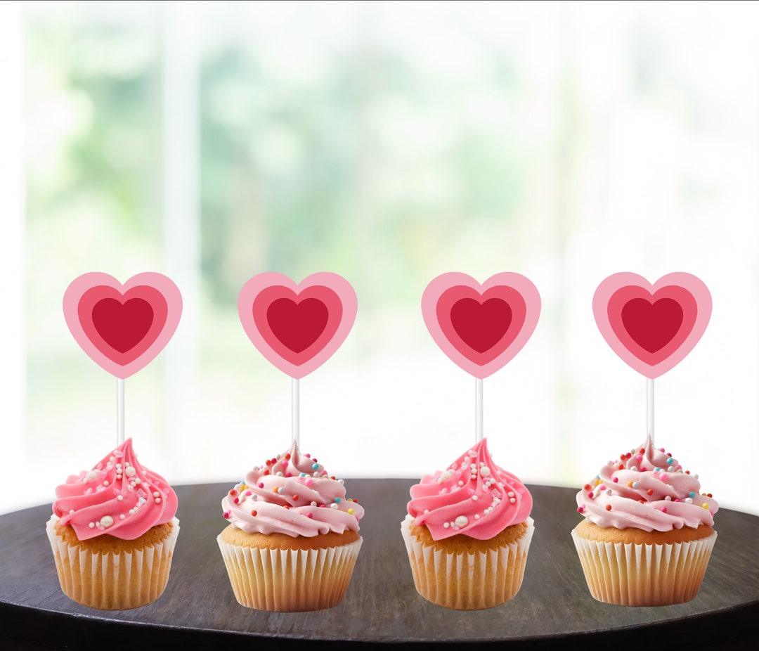 12 Pink Heart Cupcake Toppers, Heart, Valentines, Class Party, Love ...