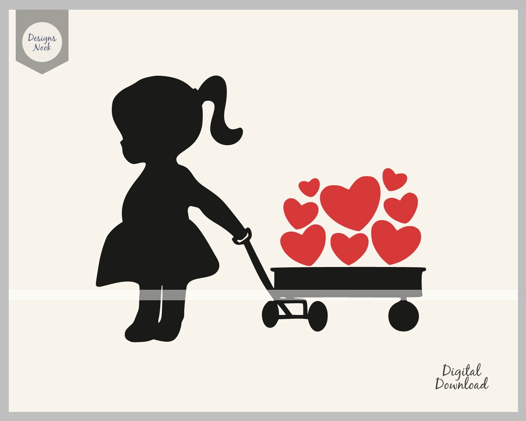 Girl Pulling Cart of Hearts, Valentines Svg, Cute Vintage Girl Svg ...