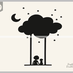 Boy and Puppy on a Swing, Moon Cloud Svg, Moon Swing Svg, Best Friend ...