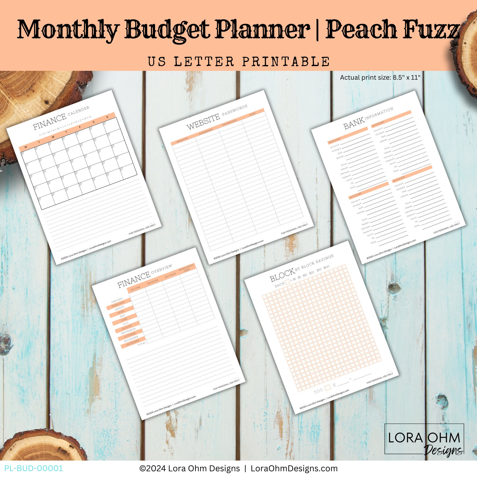 Monthly Budget Planner Peach Fuzz Calendar Undated US Letter Bills ...