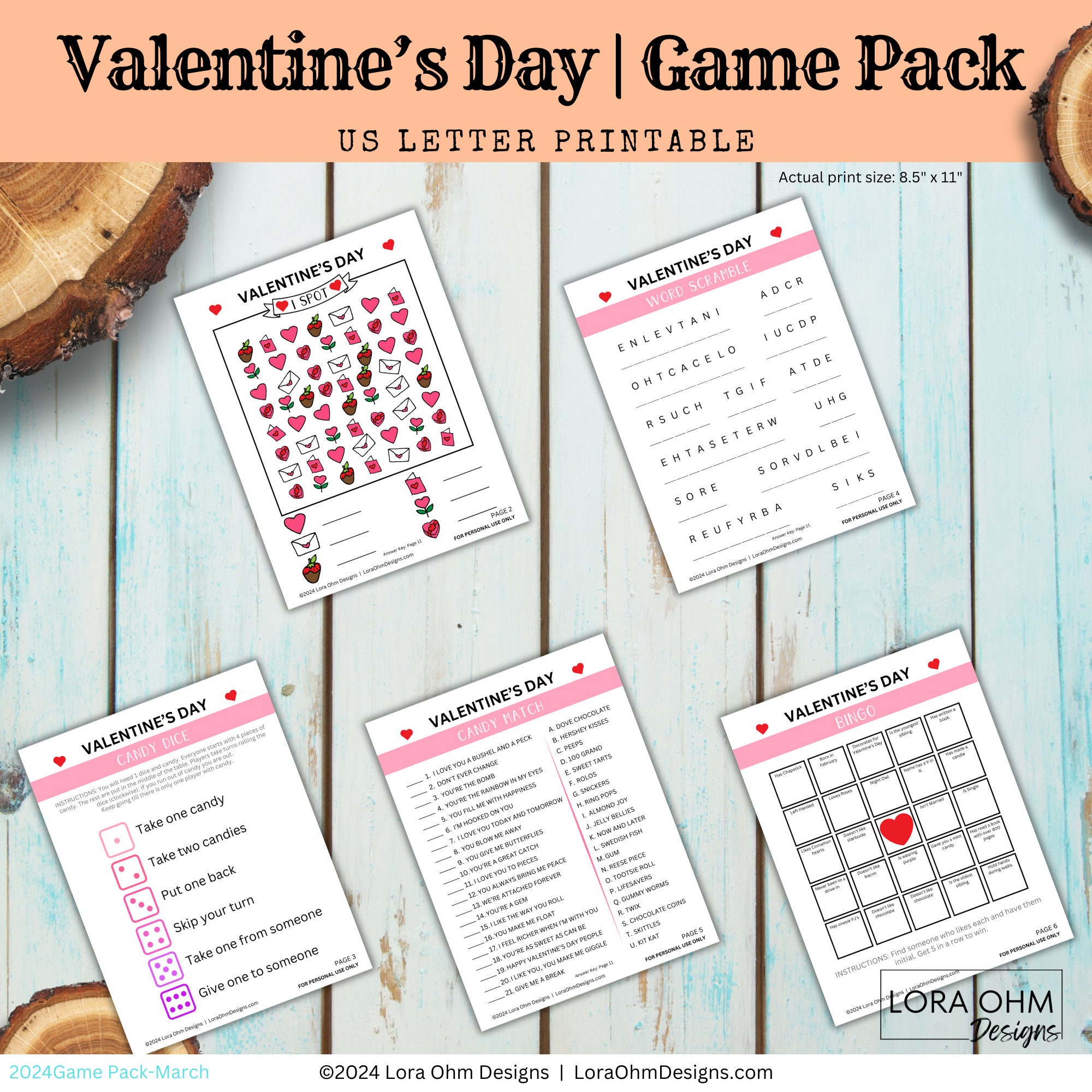 Valentine's Day Printable Game Pack PDF Downloadable Candy Match I Spot ...