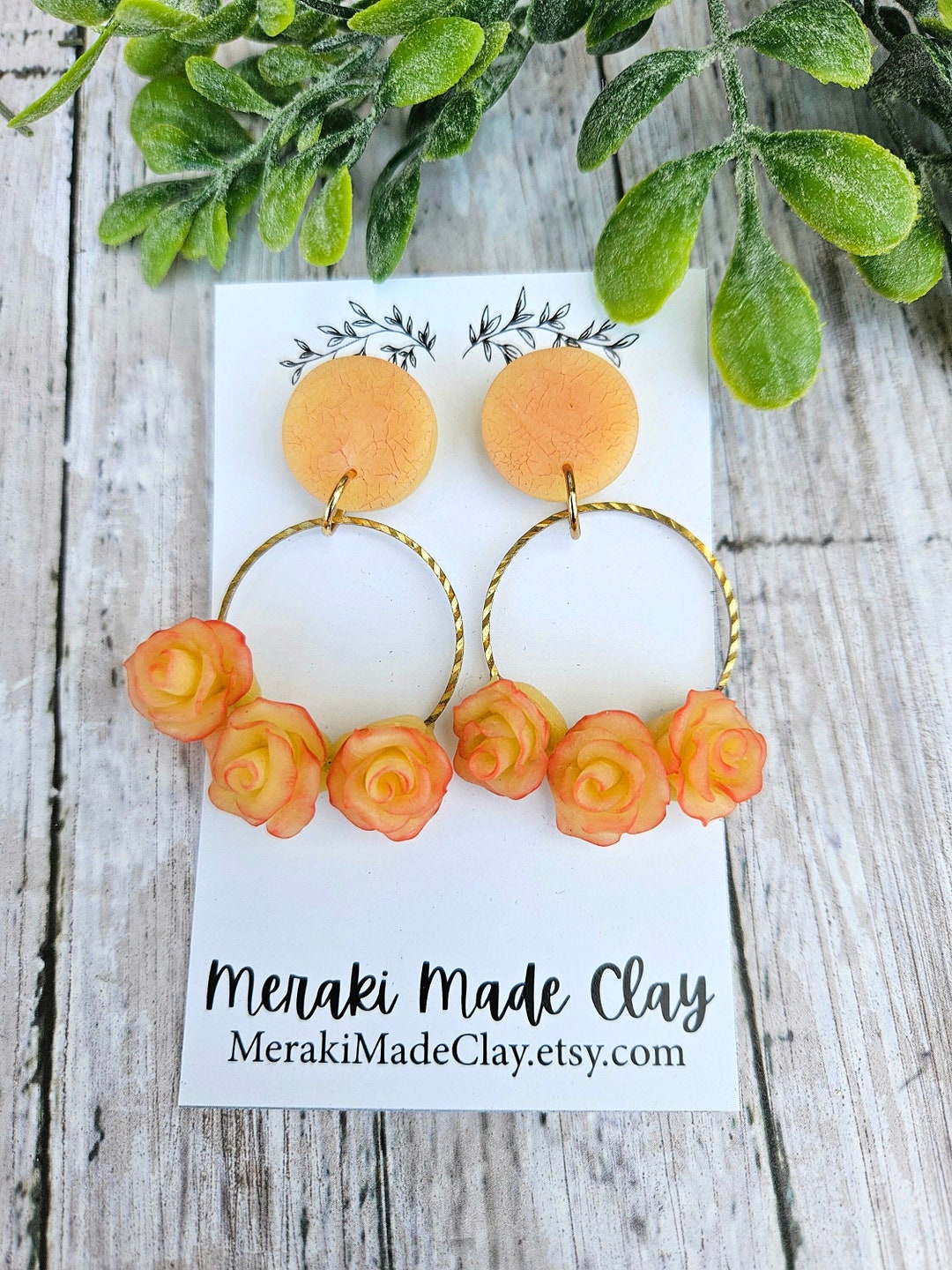 Yellow Red Tipped Rose Floral Clay Statement Earrings With Gold Rings ...