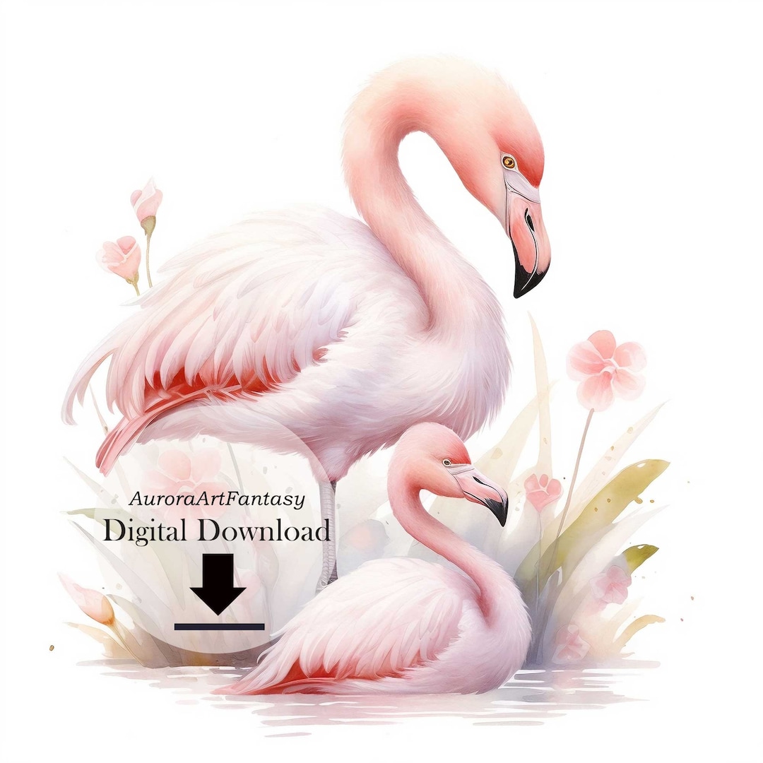 Watercolor Cute Mother and Baby Flamingos PNG Digital Art - Etsy