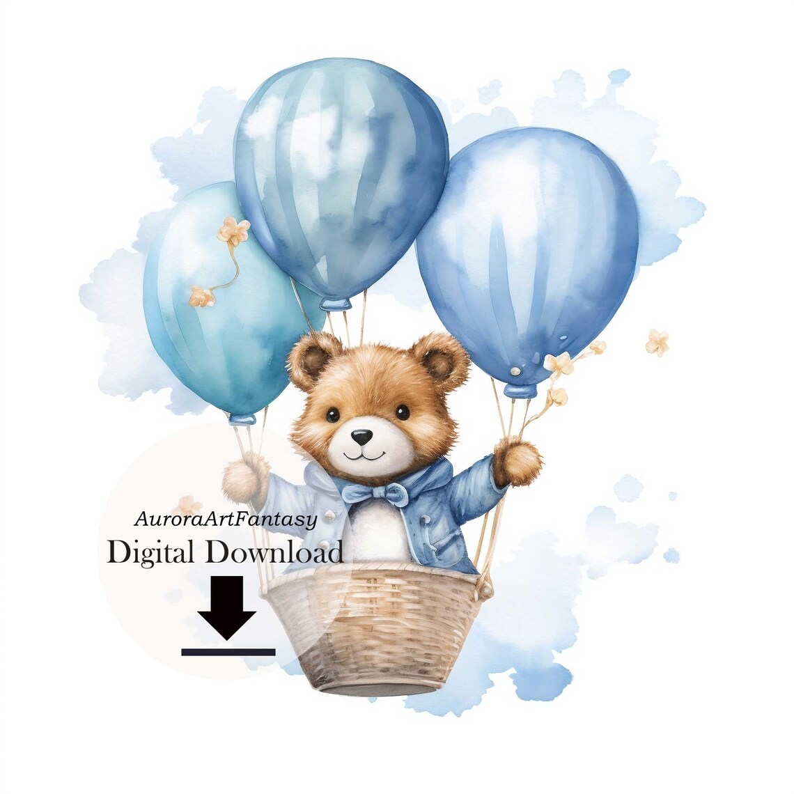 Blue Teddy Bear Fly Digital Art Nursery Print PNG - Etsy