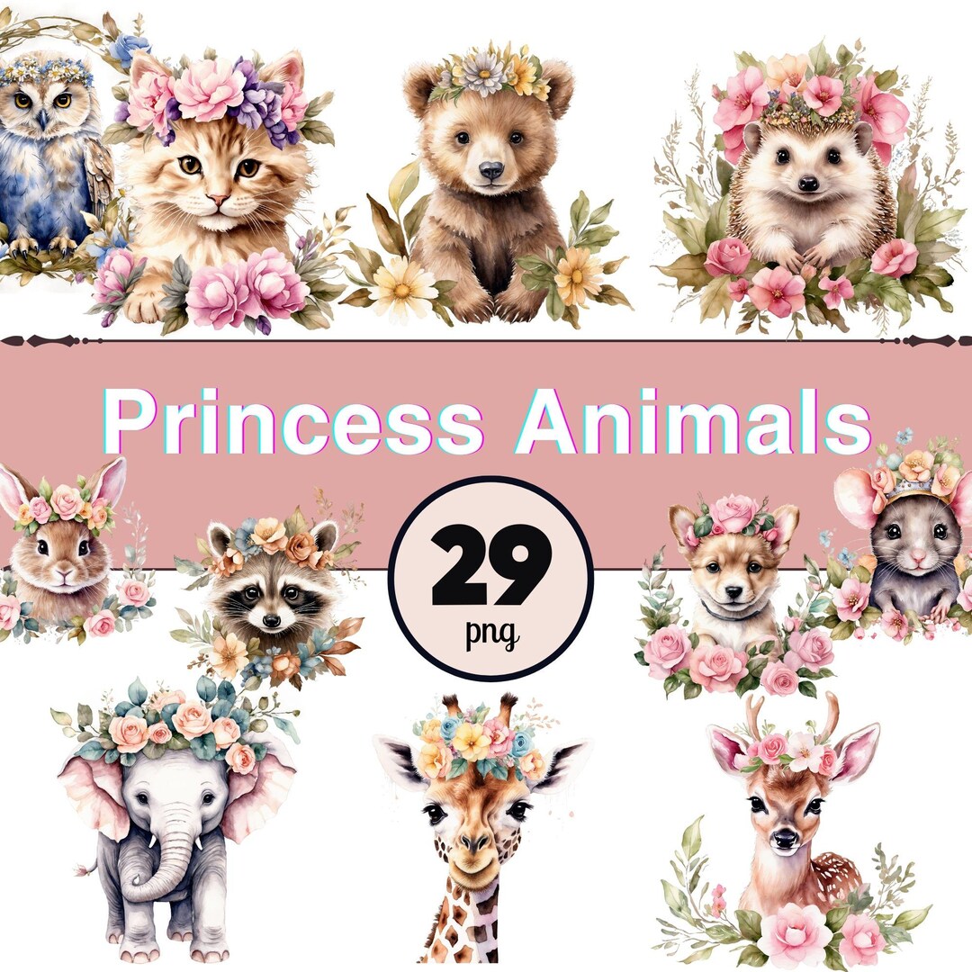 Watercolor Princess Animals Clipart Bundle – Baby Animal PNG, Tiara ...