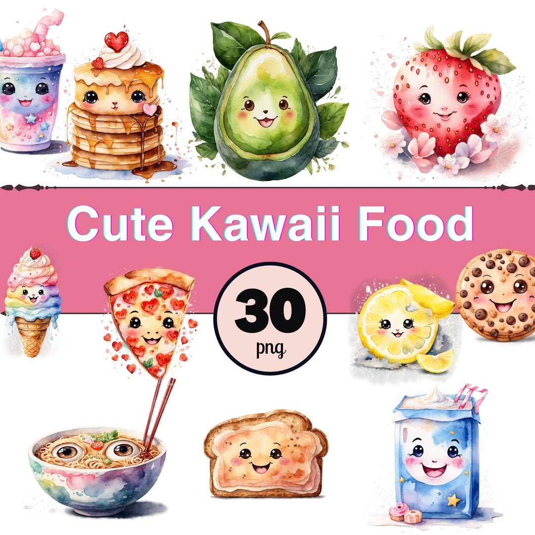 Watercolor Cute Kawaii Food Clipart Bundle - 30 PNG Smiling Food ...