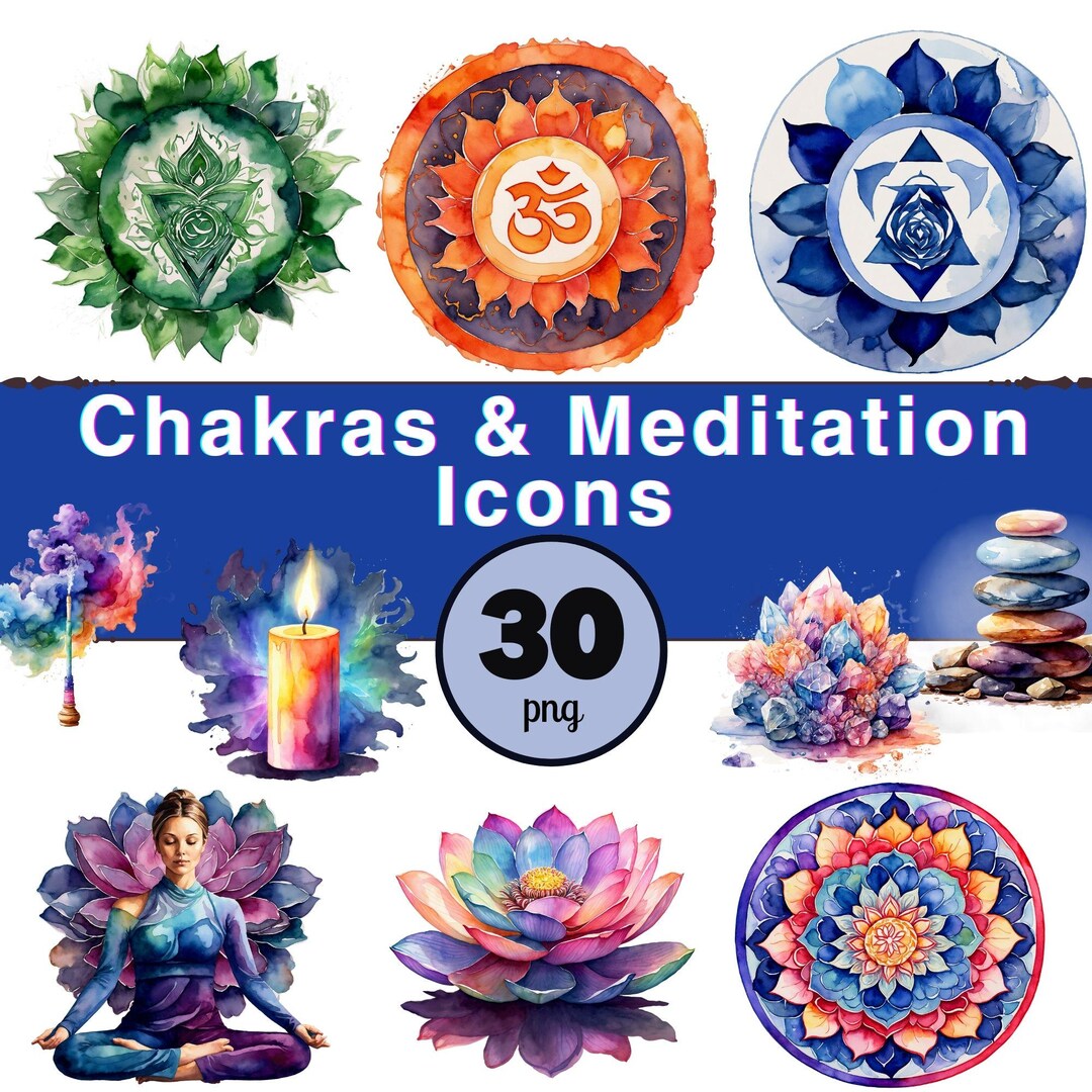 30 Watercolor Chakra & Meditation Icons Clipart Bundle – Yoga Pose ...