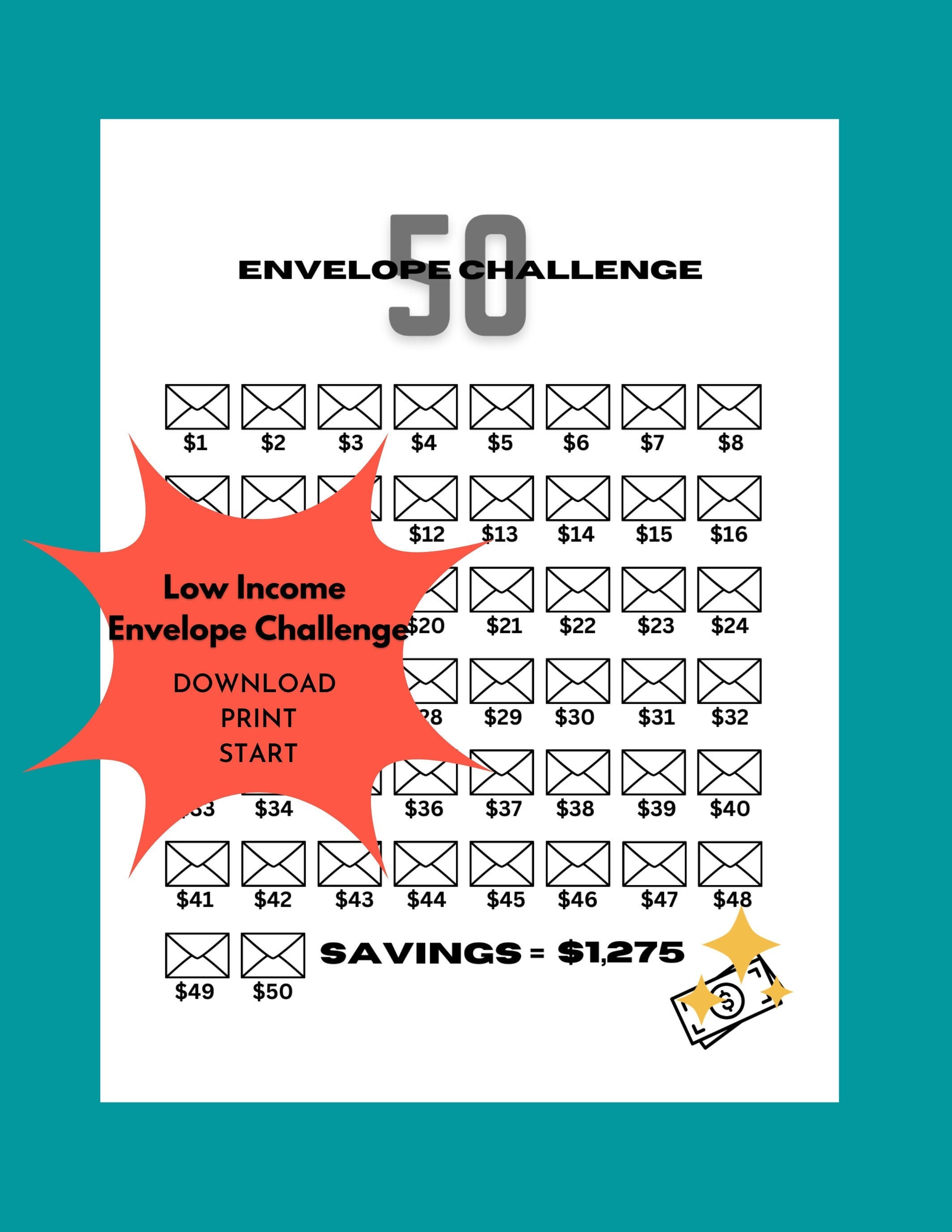 50 Envelope Challenge Low Income Envelope Challenge Tracker Digital ...