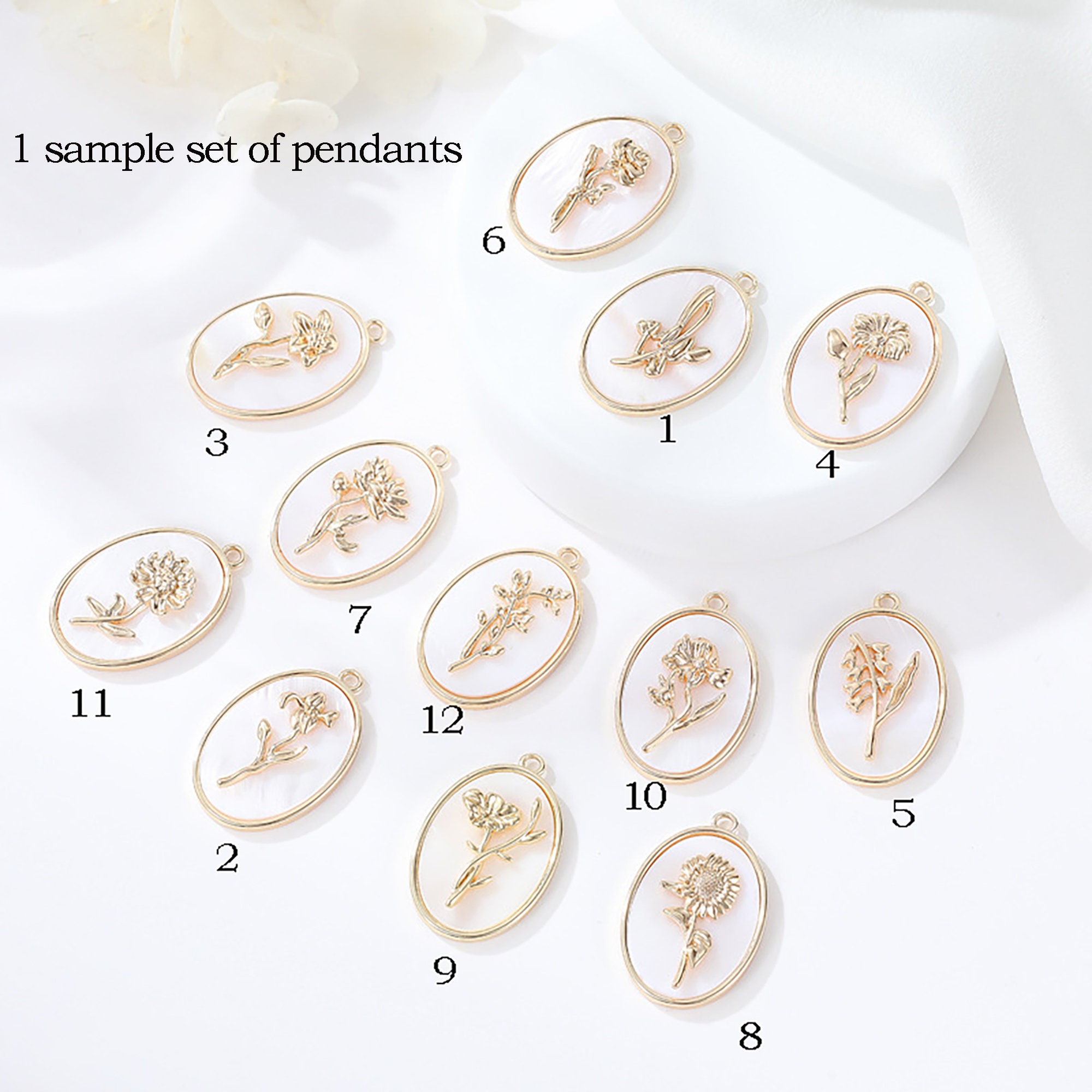 14K Gold Plated Birth Flower Charm, Mother of Pearl Pendant - Etsy