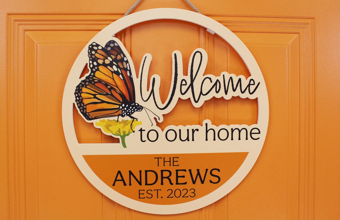 Monarch Butterfly Wreath Welcome Door Hanger for Porch Front Door Sign ...