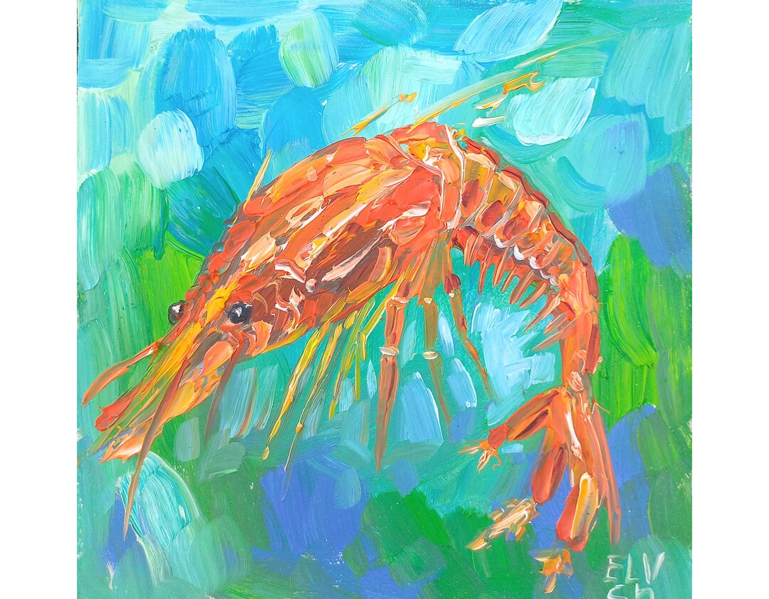 Shrimp Painting Animal Fish Original Art Gift Underwater Artwork 6/6 ...