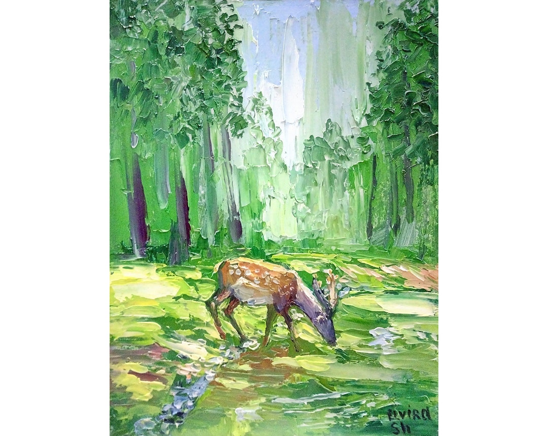 Deer Forest Painting Original Art Animal Original Painting 12/16 Inches ...