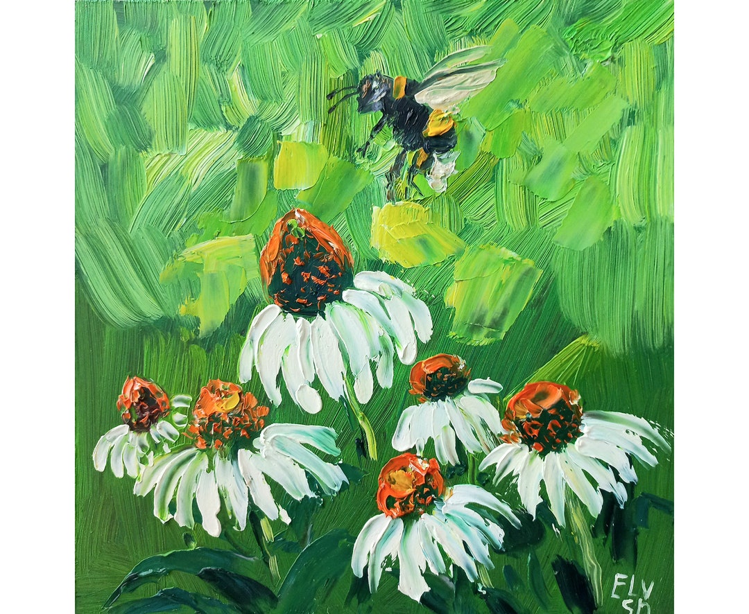 Bee Honey Painting Daisy Original Art Flowers Painting 8/8 Inches by Greatelvpainting - Etsy
