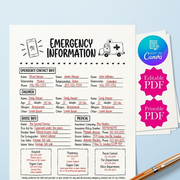 Emergency Information Template - Etsy