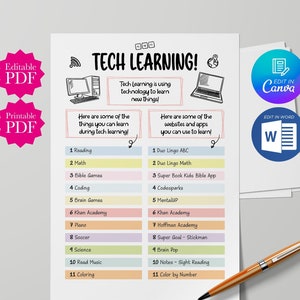 Tech Learning Planner Educational Screen Time Ideas Chart for - Etsy