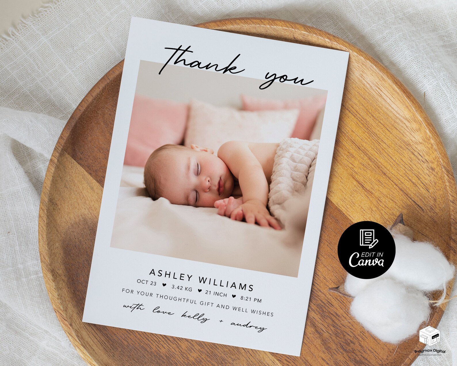 Photo Thank You Card for Newborn Baby With Name, Baby Thank You Card ...