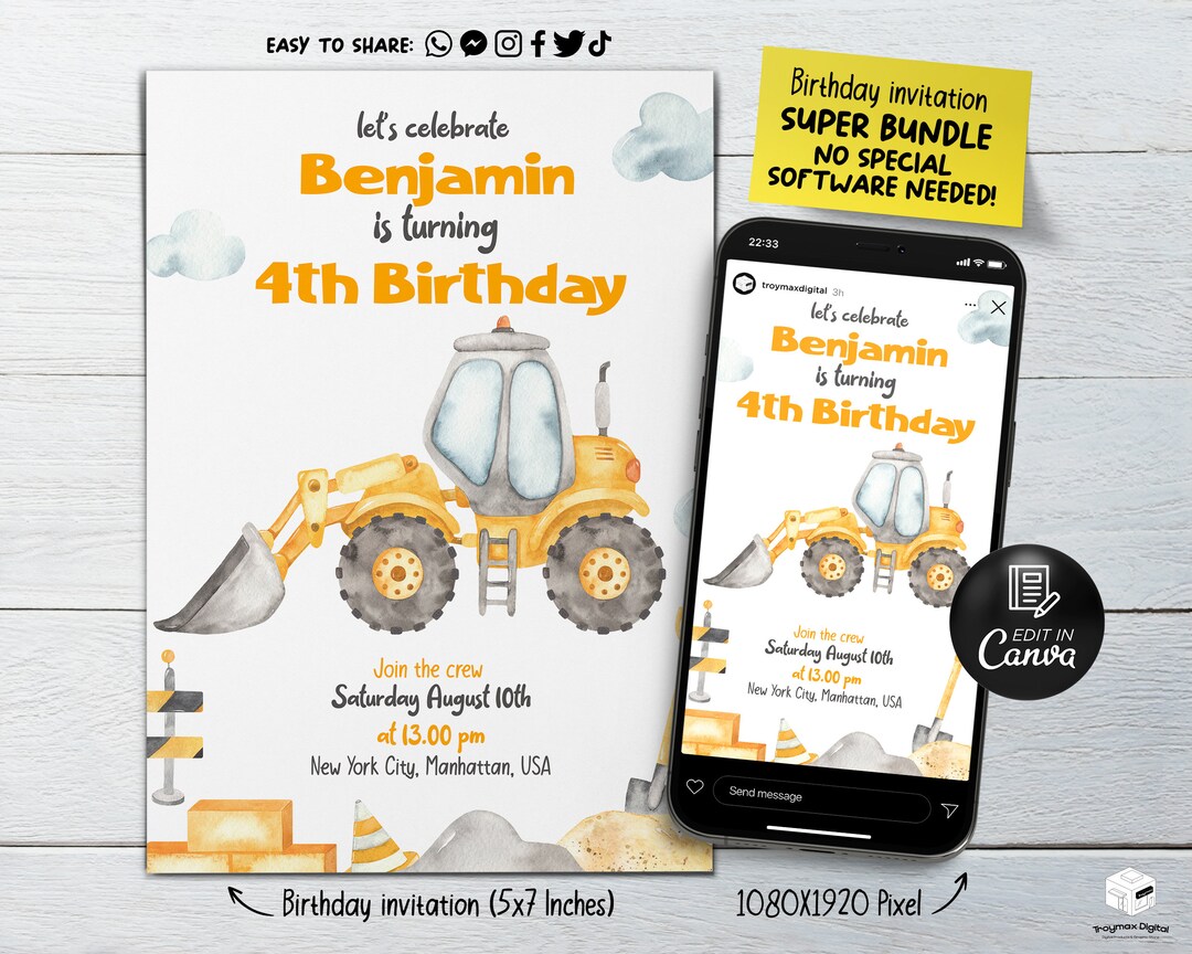 Editable Construction Machines Birthday Party Invitation - Etsy