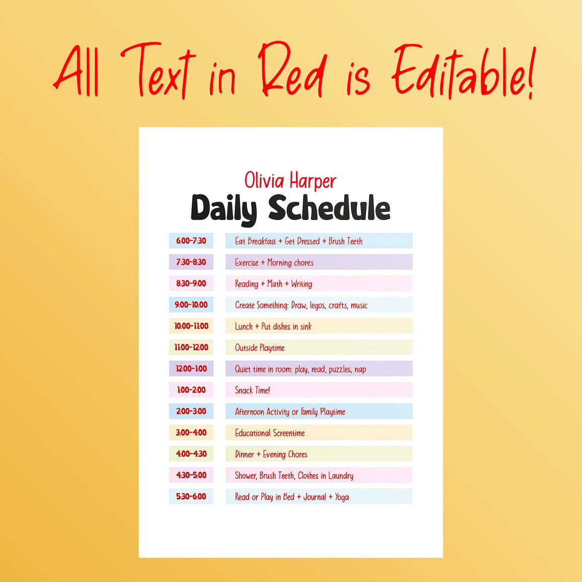 Editable Daily Schedule for Kids Printable Kids - Etsy
