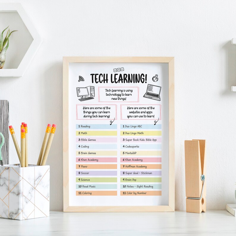Tech Learning Planner, Educational Screen Time Ideas Chart for Kids ...