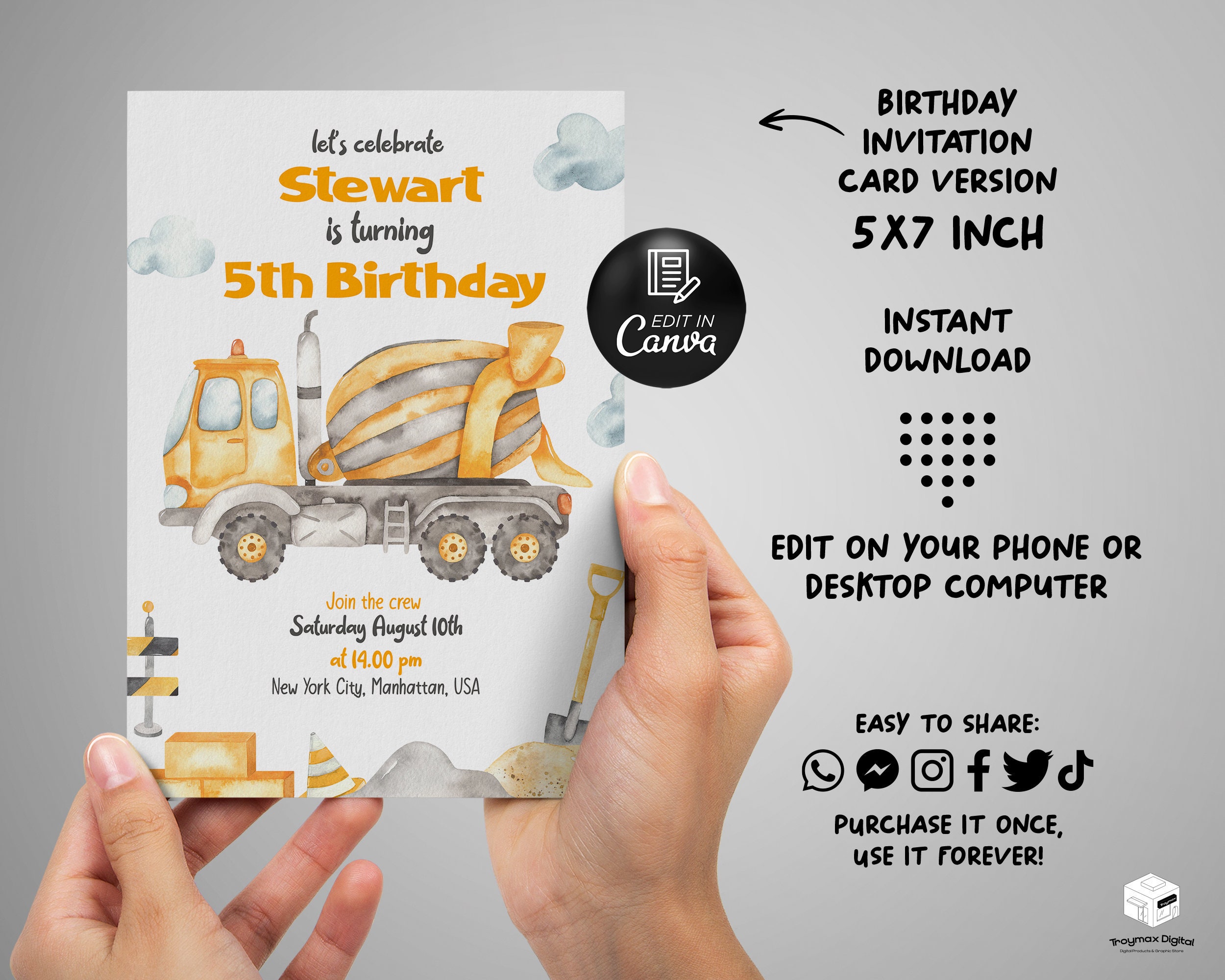 Printable Truck Machines Birthday Invitation for Kids, Editable ...