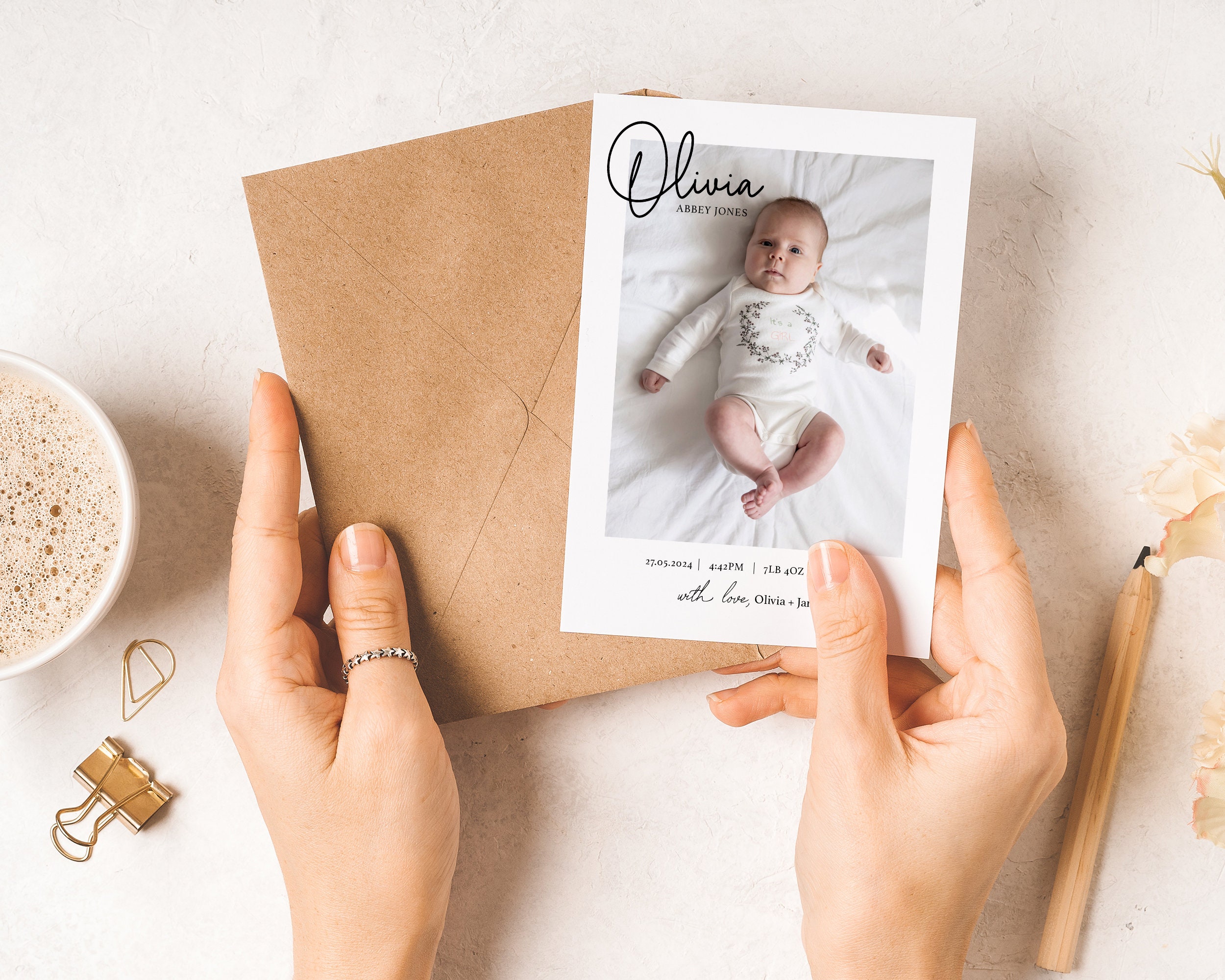 Editable Photo Birth Card Canva Template, Printable Birth Stats Card ...