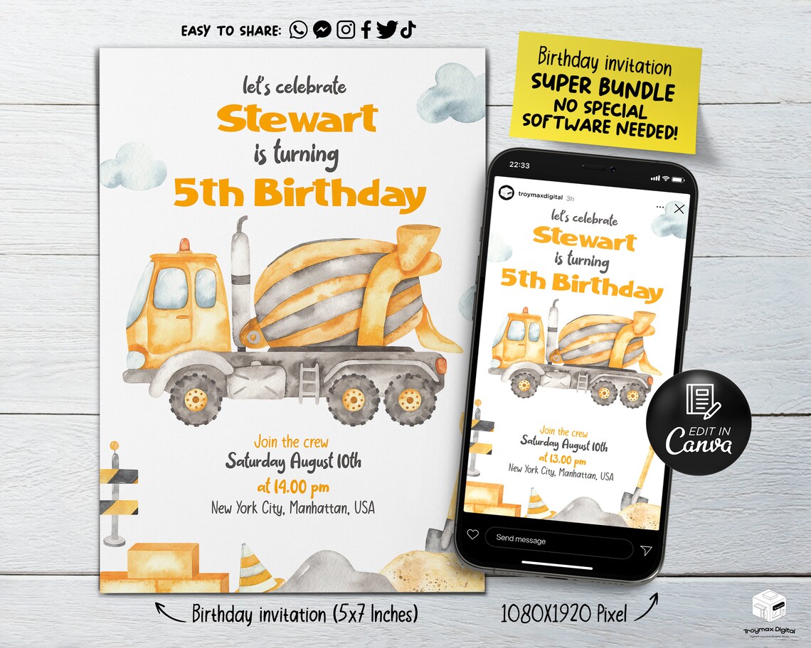 Printable Truck Machines Birthday Invitation for Kids, Editable ...