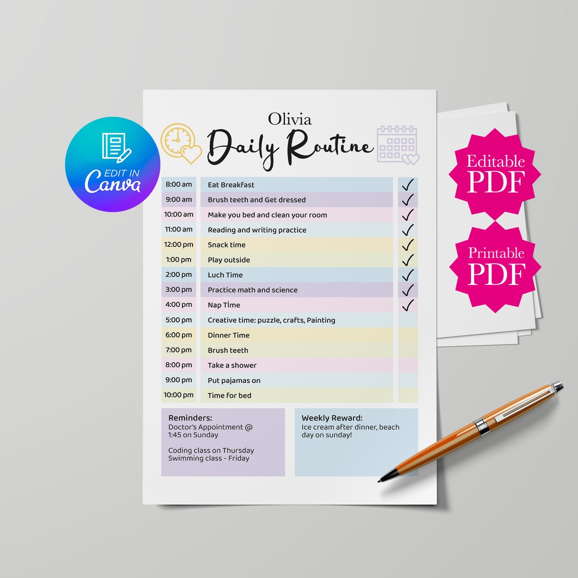 Daily Checklist for Kids, Daily Routine Editable, Weekly Chores ...