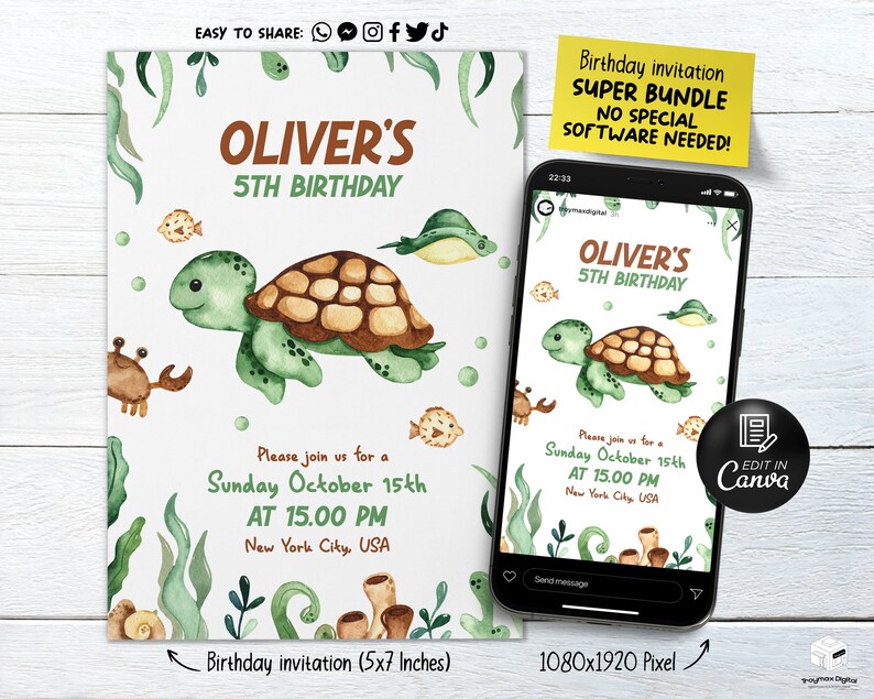 Printable Little Turtle and Underwater Animal Birthday Party Invitation ...