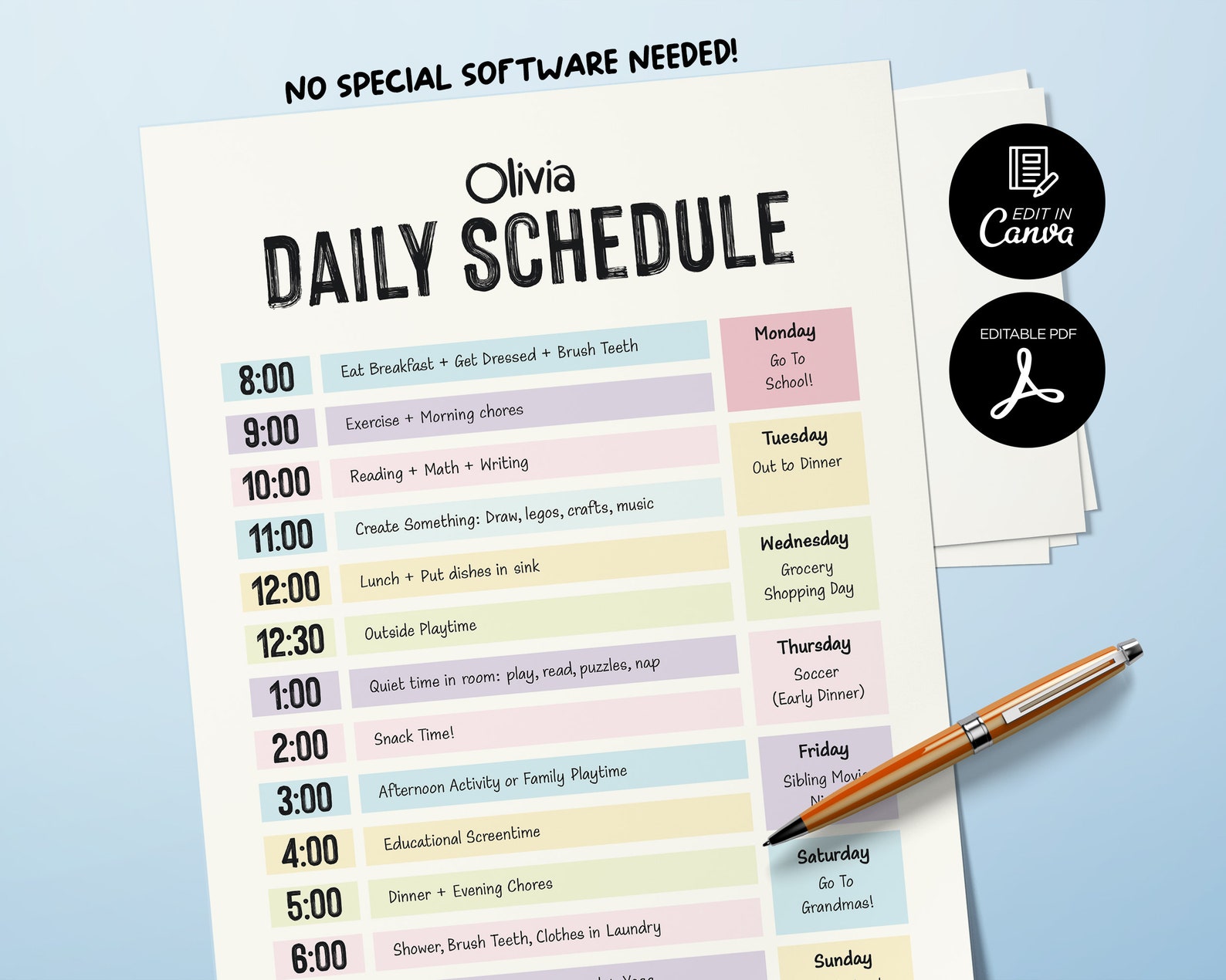 Editable Daily Schedule for Kids, Printable Daily Planner for Kids ...
