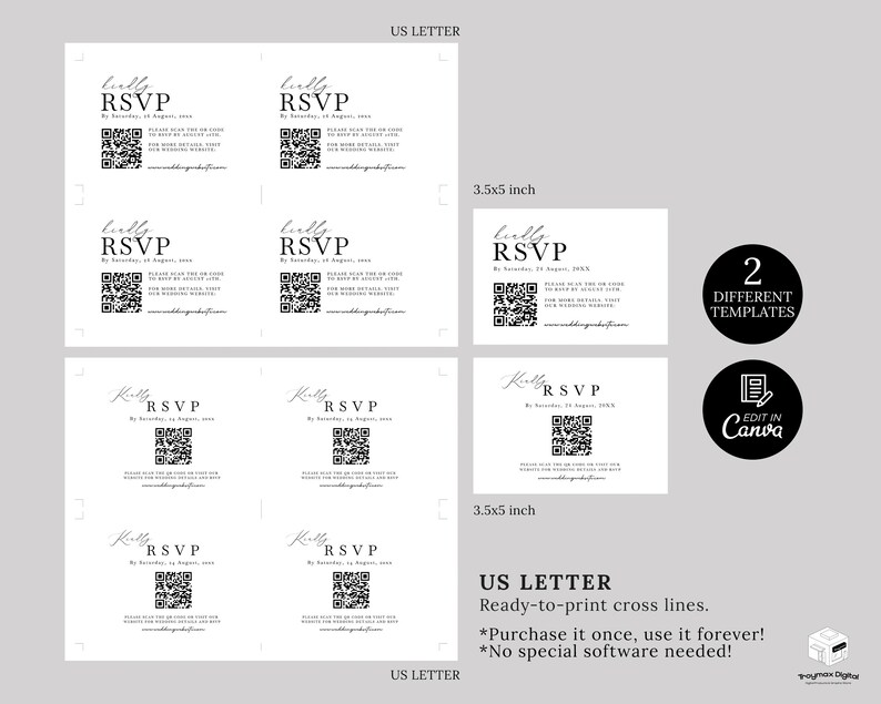 QR Code RSVP Card Set, Online Response Cards, Editable Printable ...
