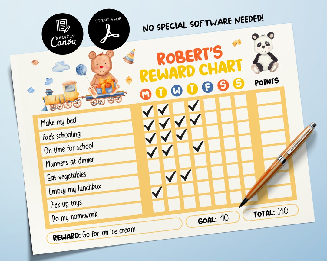 Editable Teddy Bear Reward Chart, Printable Chore Chart for Kids, Good ...