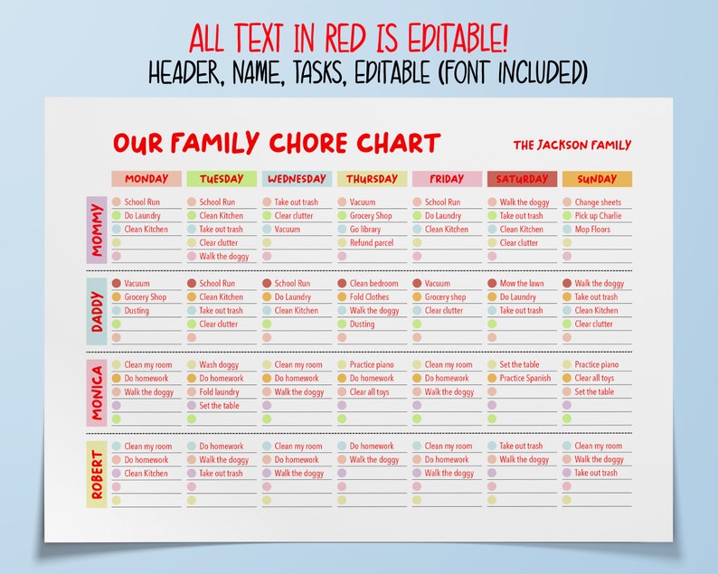 Family Chore Chart Printable, Editable Family Planner, Household Kid ...