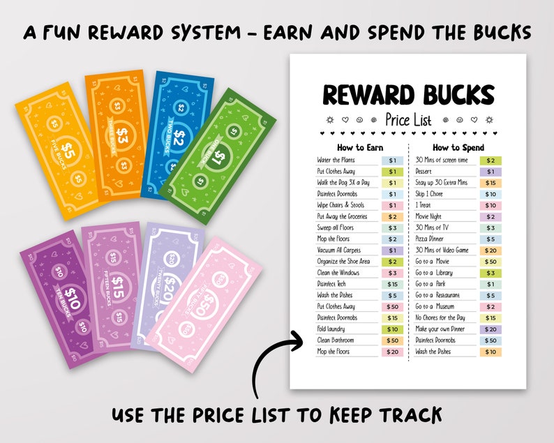 Editable Kids Reward Bucks Chart, Editable Kids Reward Bucks Earn Money ...