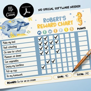 Editable Shark Reward Chart, Printable Chore Chart for Kids, Good ...
