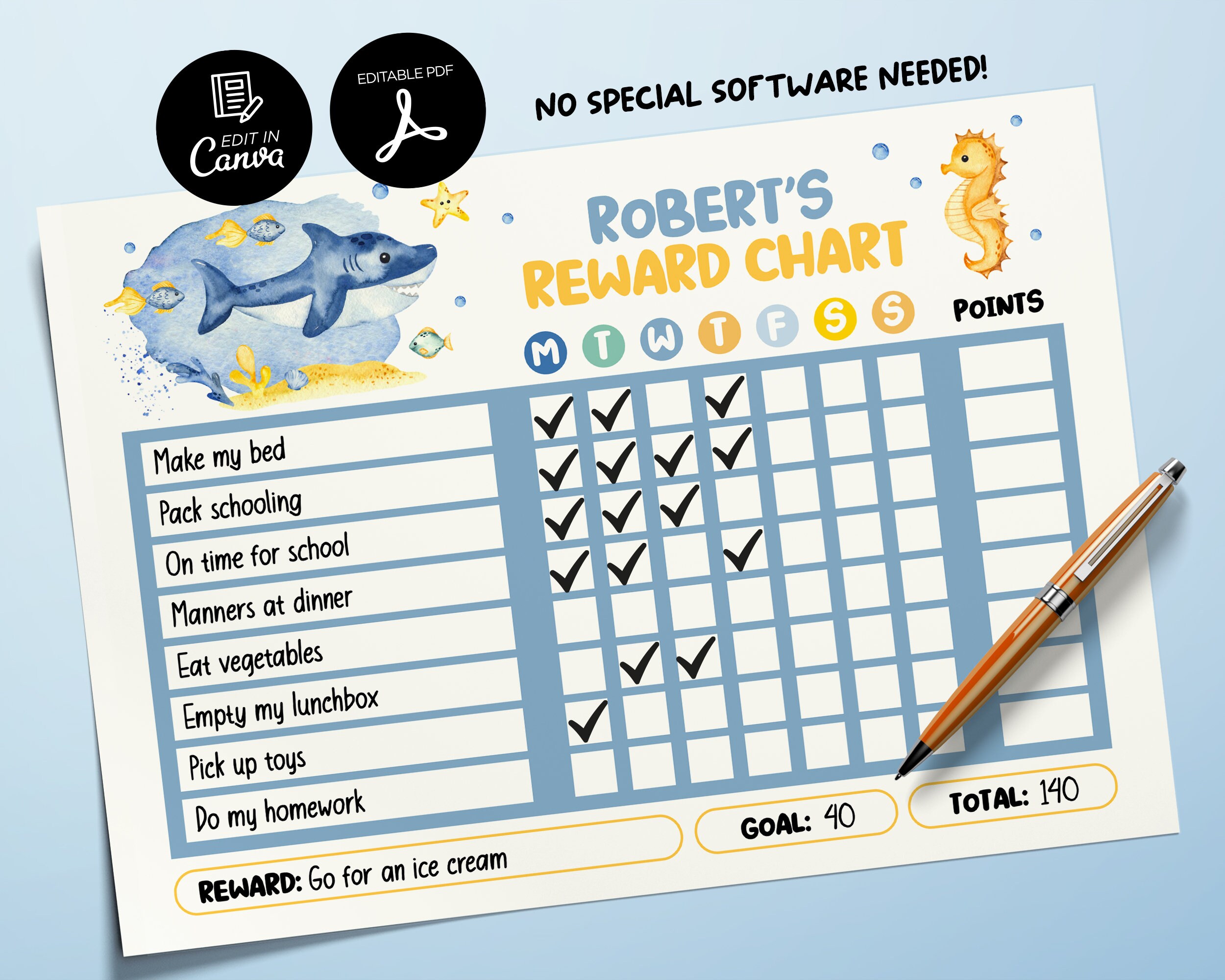 Editable Shark Reward Chart, Printable Chore Chart for Kids, Good ...