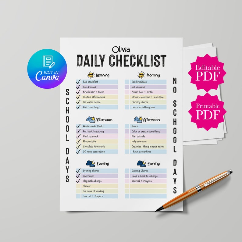 Daily Checklist for Kids Daily Routine Editable Weekly - Etsy