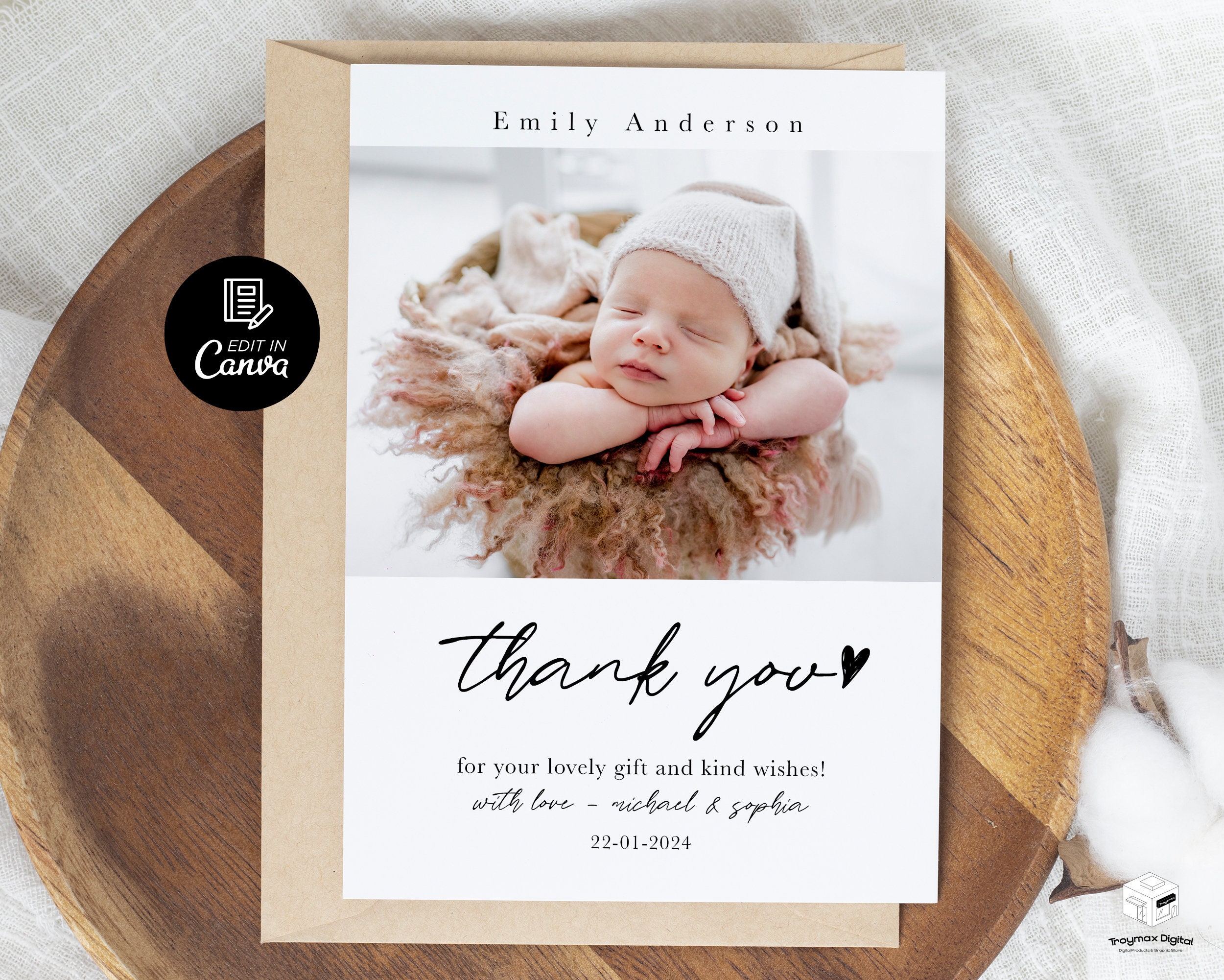 Baby Thank You Card, Photo Thank You Card for Newborn Baby With Name ...