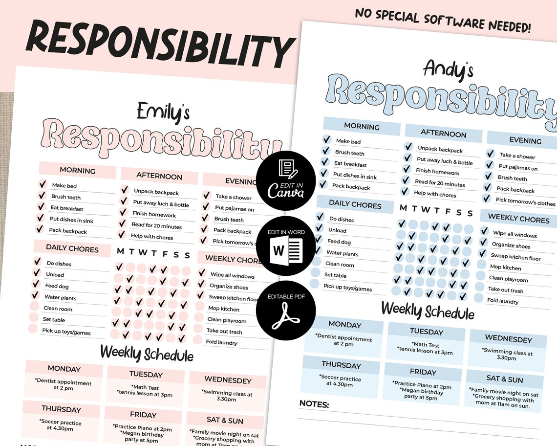 Editable Responsibility Chore Chart for Kids, Daily Weekly Schedule ...
