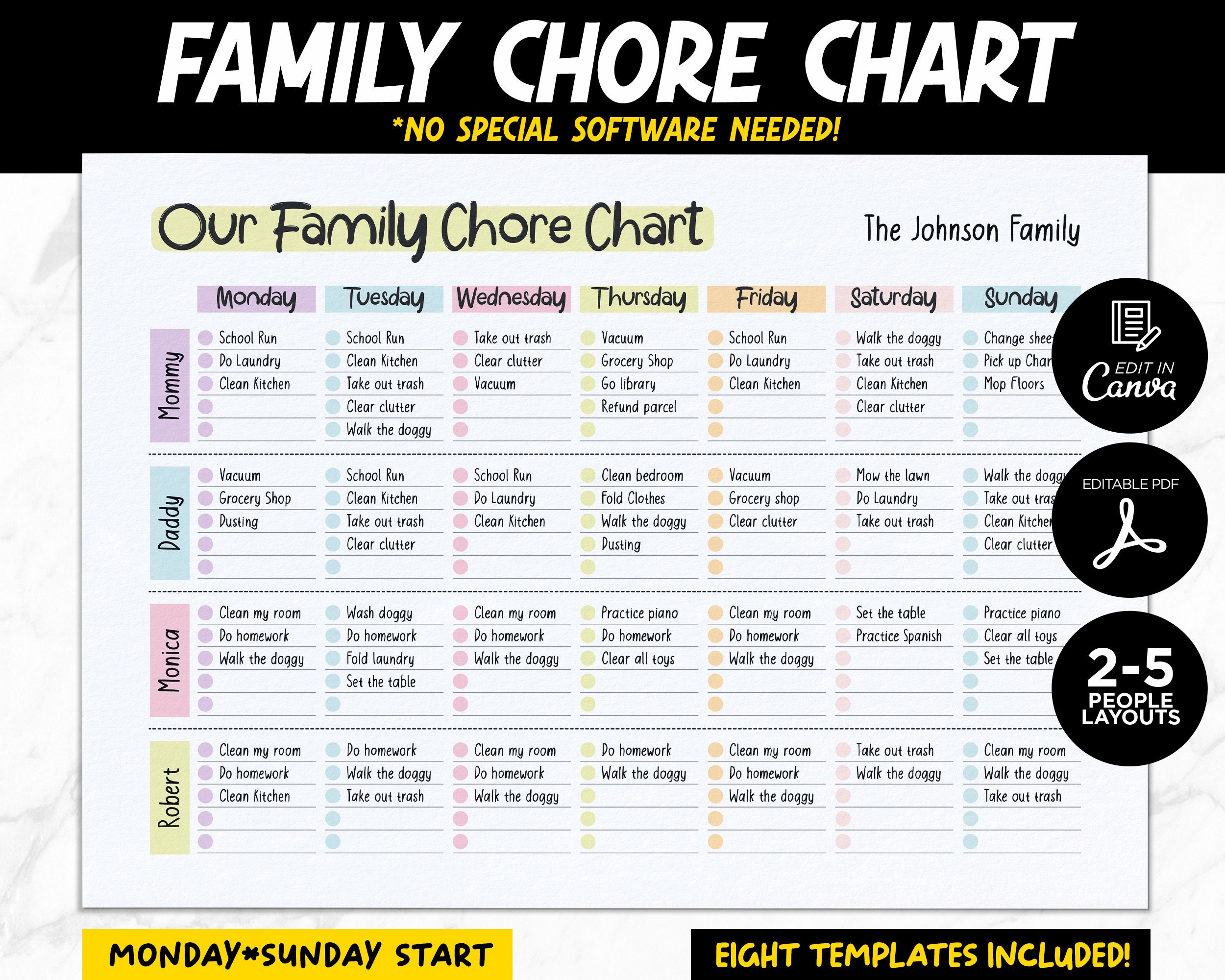 Family Chore Chart Printable, Family Cleaning Schedule, Colorful Family ...