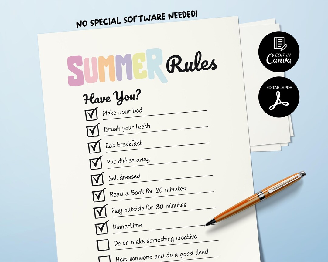 Printable Summer Rules for Kids, Summer Chart for Kids Editable, Summer ...