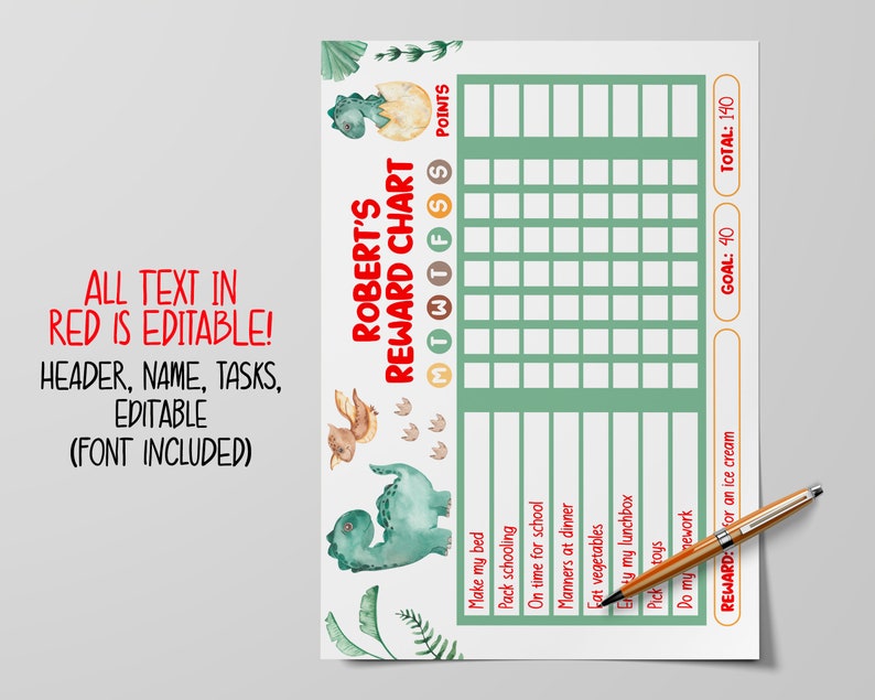 Editable Dinosaur Reward Chart Printable Chore Chart for - Etsy