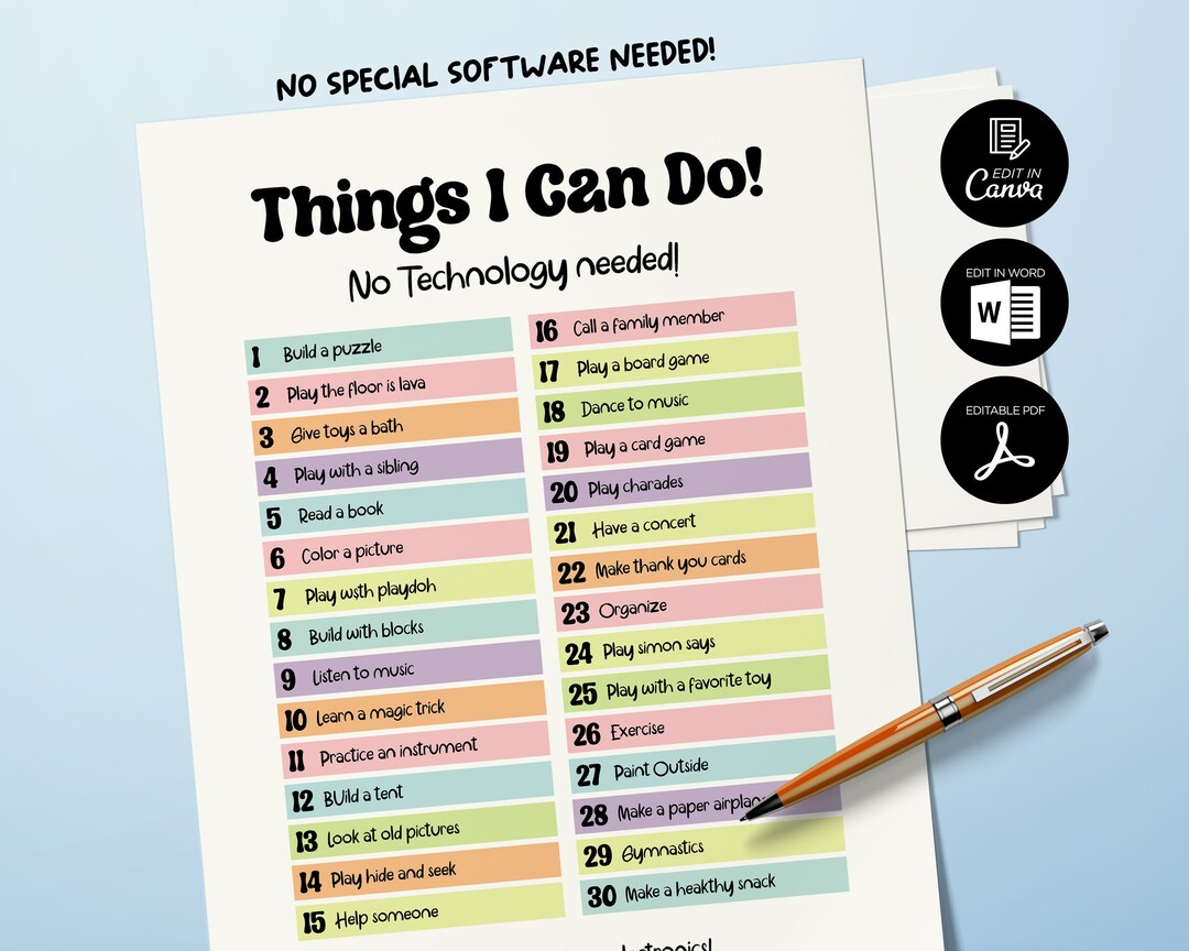 Play Inspiration Chart for Kids, Kids Daily Schedule Idea Editable ...