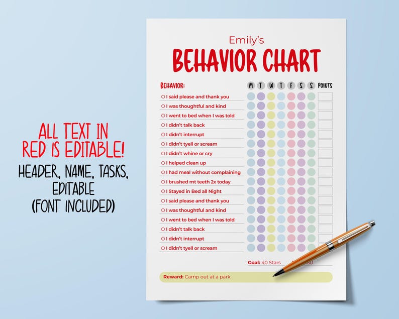 Behavior Chart Template for Kids, Good Behavior Tracking, Printable ...