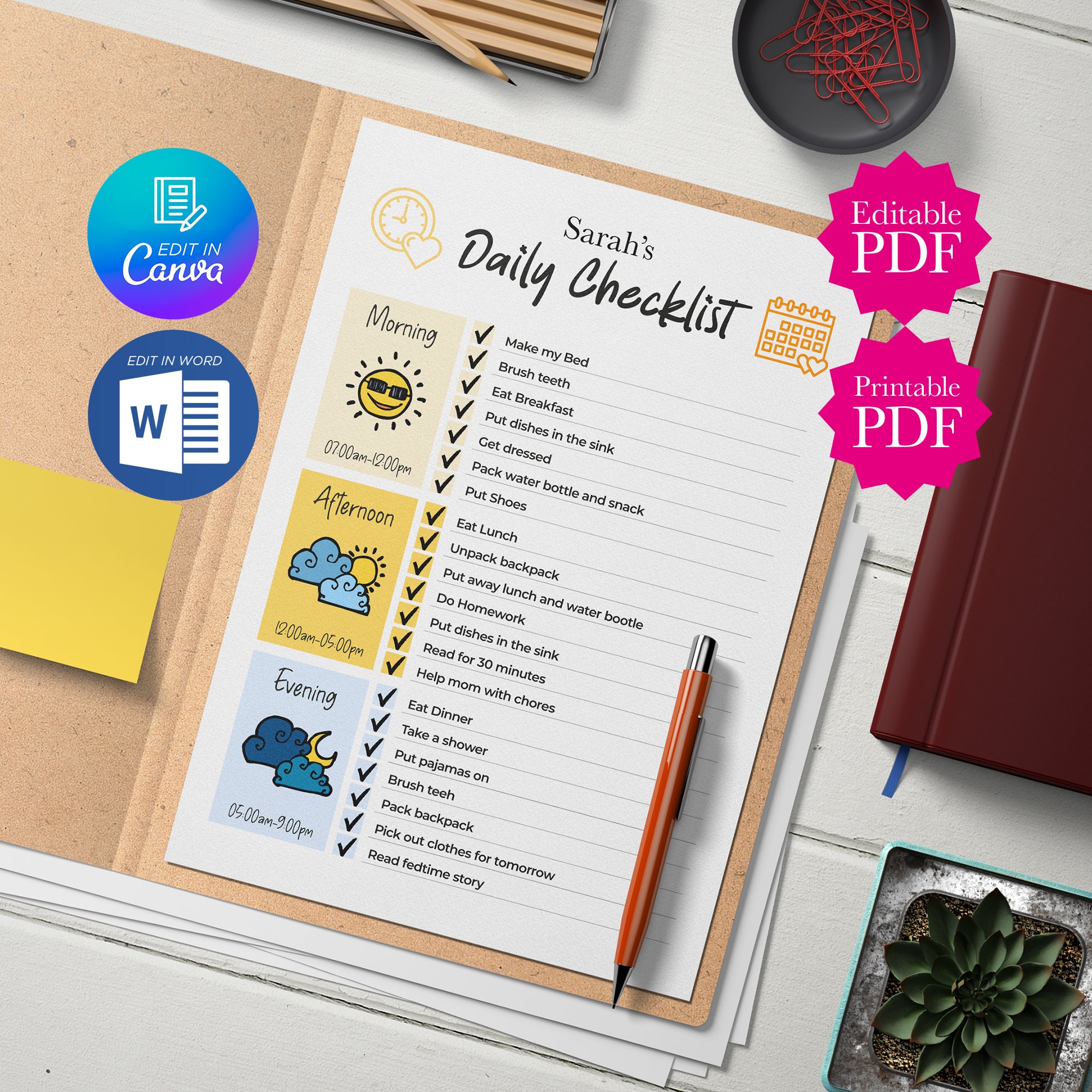 Daily Checklist for Kids, Daily Routine Chart, Home School Planner ...